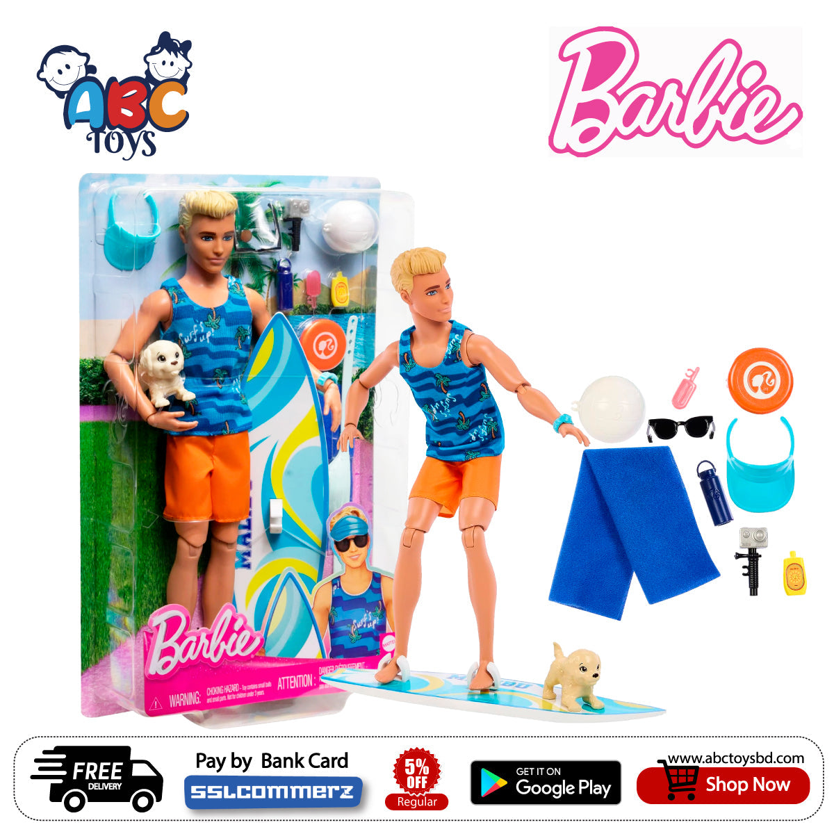 Barbie HPT50 Ken Surfboard Set, Dress-Up Doll – ABC TOYS