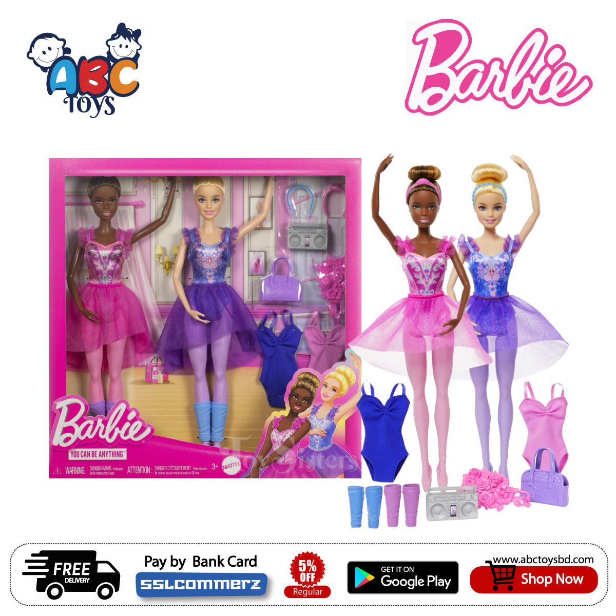 Barbie HXC37 Ballet Room Set with 2 Dolls & 9 Accessories, Blonde & Br ...